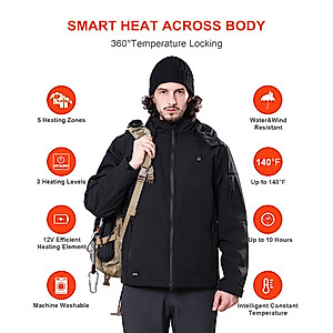 DEWBU Soft Shell Heated Jacket for Men with 12V Battery Pack and Detachable Hood Outdoor Electric Heating Coat, Black, M
