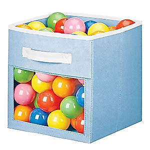 mDesign Fabric Nursery/Playroom Closet Storage Organizer Bin Box, Front Handle/Window for Cube Furniture Shelving Units, Hold Toys, Clothes, Diapers, Bibs, Jane Collection, 8 Pack - Light Blue/White