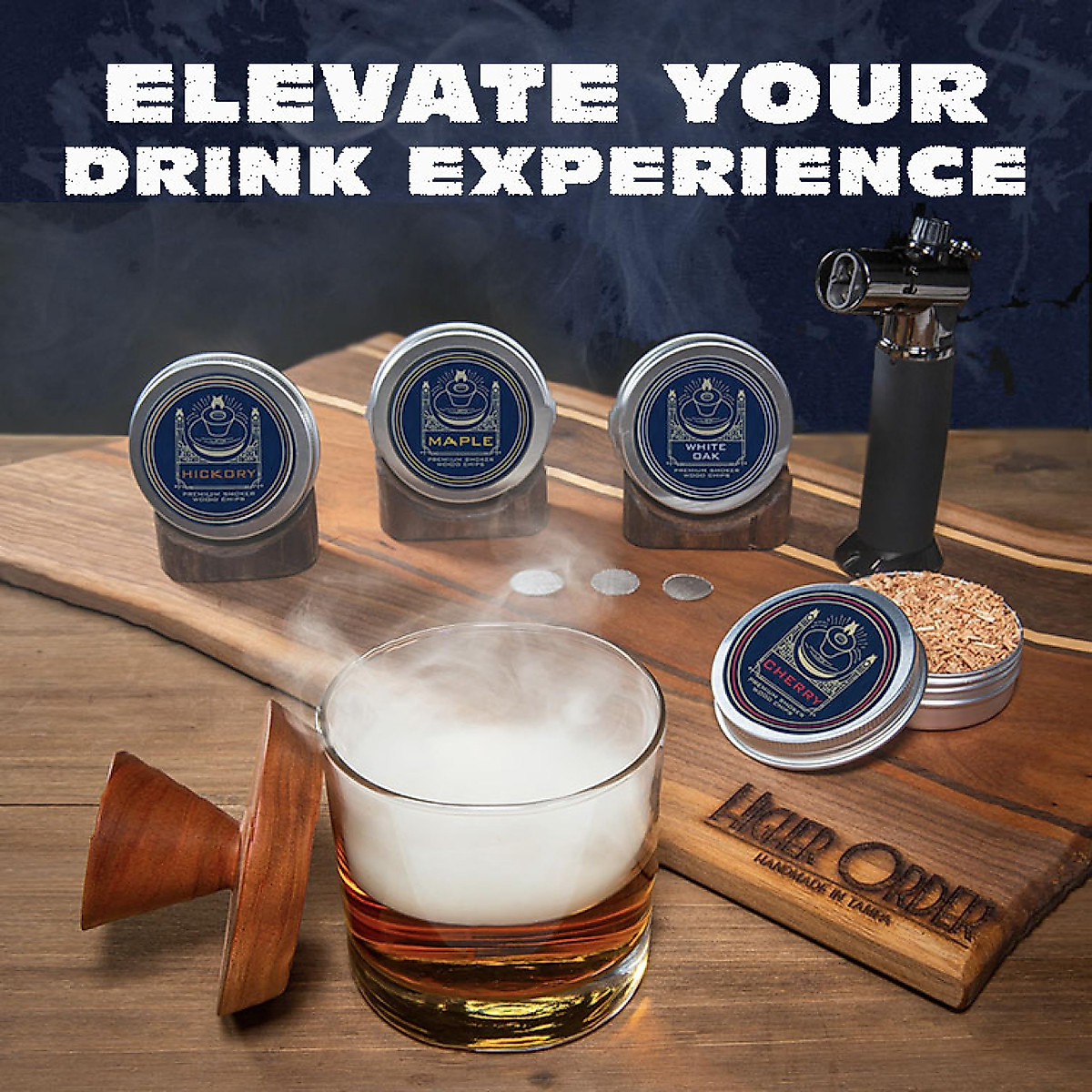 Higher Order Cocktail Smoker Kit -USA Handcrafted |Smoker, Turbo Torch, Woodchip Blend| Old Fashioned Chimney Drink Smoker for Cocktails, Whiskey Smoker Kit Bourbon Smoker Kit Smoke Infuser (Cherry)