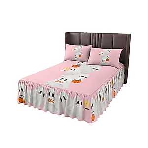 AMZRicher Halloween Wrap Around Pleated Bed Skirts for Queen Bed 60x80, Decorative Dust Ruffle Bed Sheet & Bedskirt 18'' Drop Bedspread with Pillow Case 20x30 White Ghost Pumpkin Blush Pink