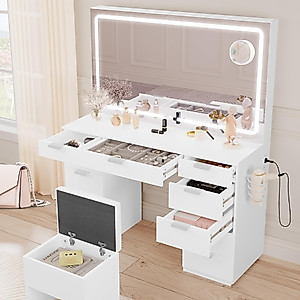 YITAHOME Makeup Vanity with LED Illuminated Mirror & Power Outlet, 46'' Vanity Desk Set Boasting 11 Drawers, Dressing Table with Storage Bench for Bedroom, 3 Lighting Color Adjustable, Off White