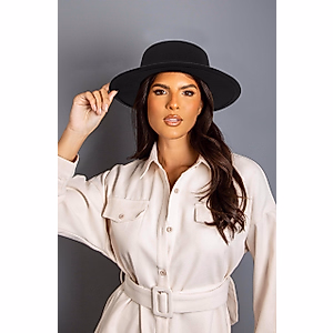 Women-Pork-Pie-Wide-Brim-Hat - Wide-Brim-Fedora-Hat with Band-Lady-PanamaHats Trilby-Cap-Autumn-Winter-Black