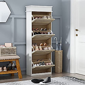 Homsee Modern Shoe Cabinet with 4 Flip Down Drawers, Wood Shoe Rack Storage Organizer for Entryway, Hallway, White and Natural (21.7”L x 9.8”W x 61”H)