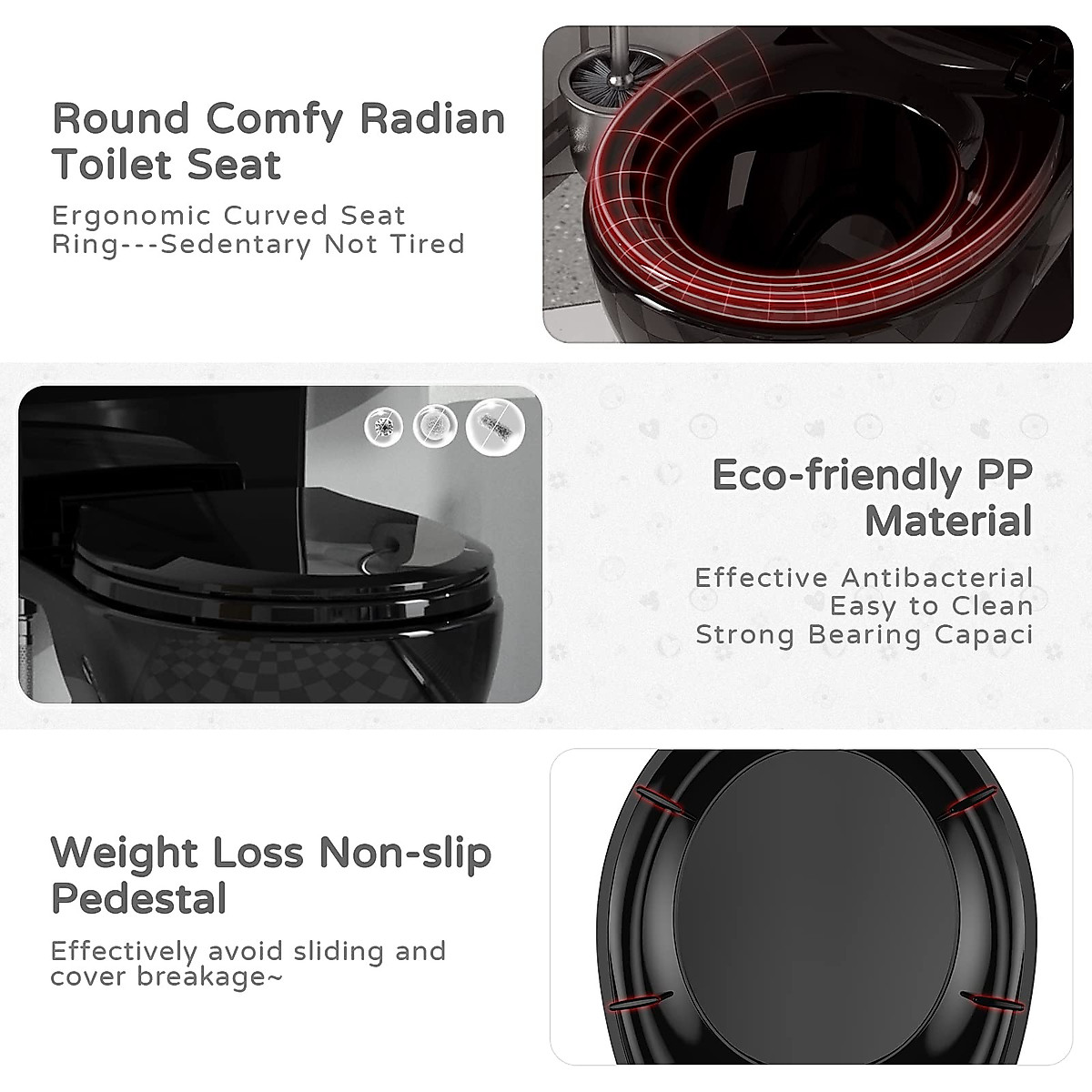 YASFEL Toilet Seat,Standard Universal Round Toilet Seat,Soft Close,Ergonomic Toilet Bowl Seat,Fits for Standard Round Toilet with Thickened Plastic Lid (Round, Black)