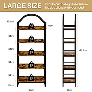 Tribesigns 5-Tier Bookshelf, 73" Tall Arched Bookcase, Industrial Wood Storage Rack Open Shelves with 4 Hooks, Modern Standing Bookshelves Metal Frame Display Rack for Home Office, Brown, 1 Pc
