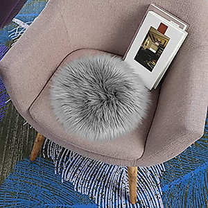 Sibba Faux Fur Small Area Rug Chair Desk Sofa Cover Carpet 35 cm Fluffy Plush Seat Pad Protectors for Home Bedrooms Aesthetic Decor (Grey Round)