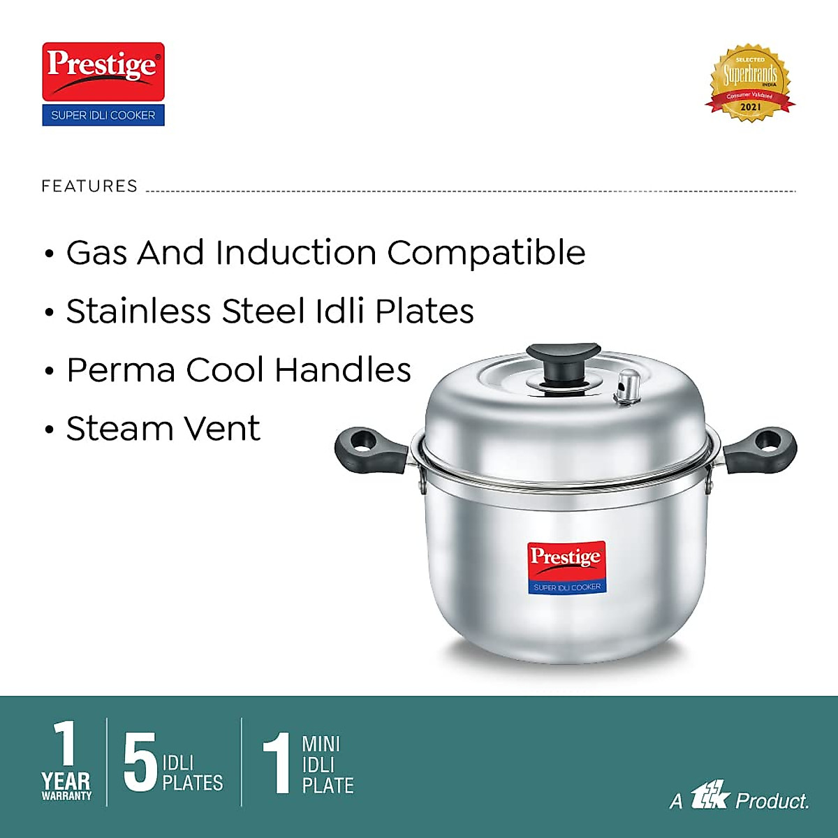 TTK Prestige PRID6 Cooker, 5Plates + 1 Mini Idli Plate, SILVER