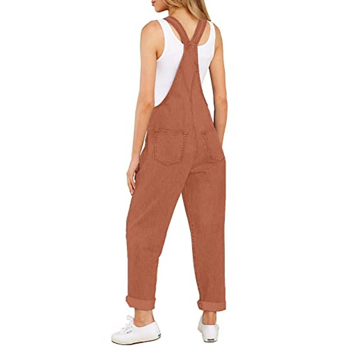 Women's Casual Adjustable Denim Bib Overalls Jeans Pants Fashion Loose Overall Jumpsuits Brown Size X-Large