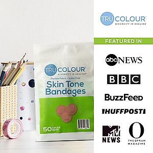 Tru Colour - Spot Bandages, Flexible Fabric Adhesive Bandages, Olive Skin Tone Shade, Green Bag, 50 Count