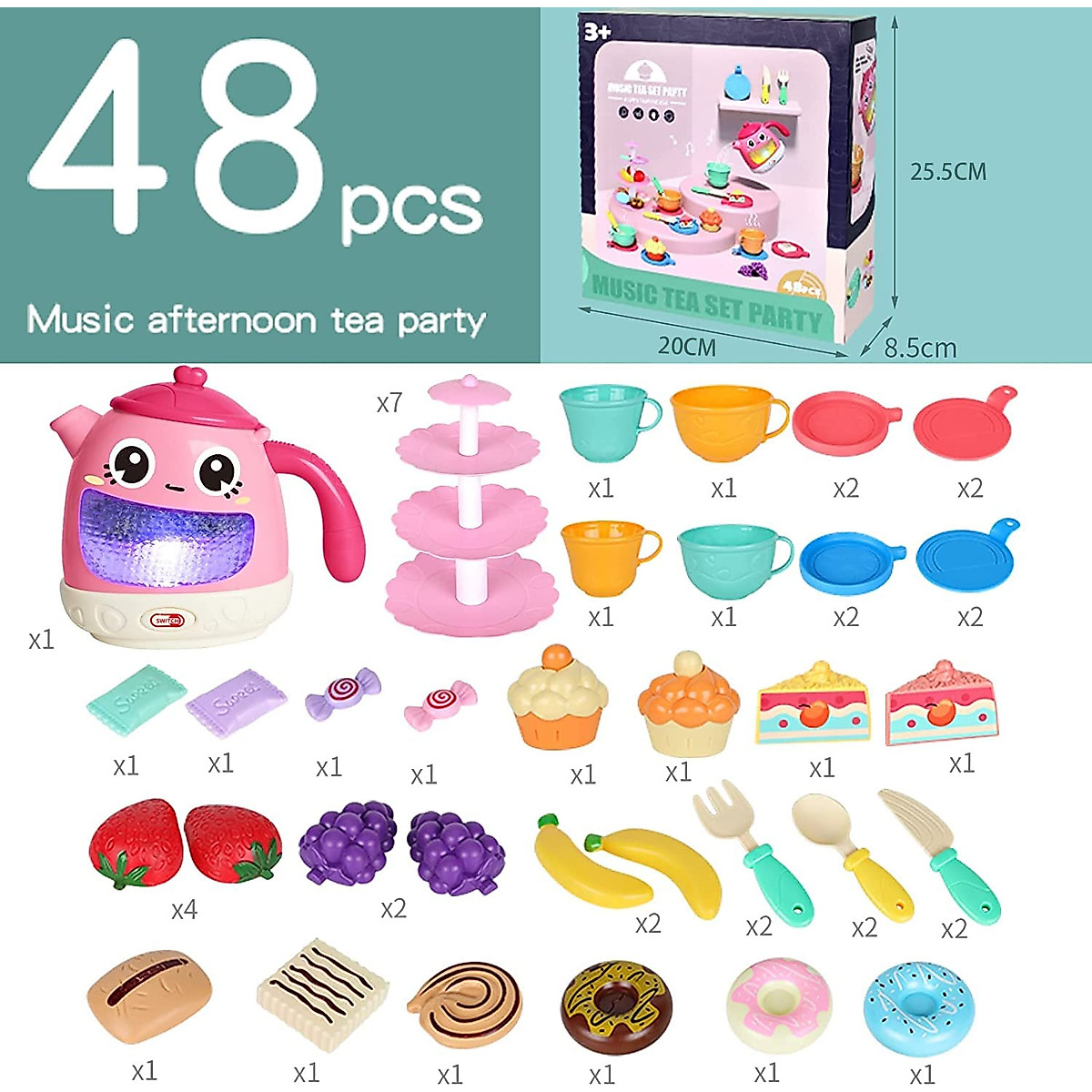 Tea Set for Little Girls 1-3, 48 PCS Tea Party Set for Toddler Little Girls 3-5 with Teapot Tea Cup Music & Light Play Food Toy Kitchen Accessories for Kids Girls Children Boys Toddler Birthday Gift