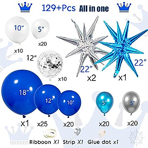 Royal blue White Silver balloon Garland Arch Kit Metallic Blue Balloons with Starburst foil balloons for Men birthday decorations Graduation Ceremony supplies