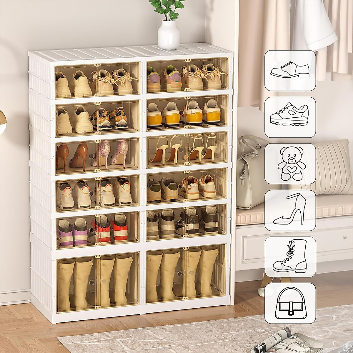 PeSenp 6 Tier Shoe Storage Cabinet Foldable Shoe Rack with Magnetic Clear Door, Easy Assembly Dust Free Collapsible Shoe Cabinet, 24 Pairs Shoe Storage Box Large Shoe Storage for Door Entrance