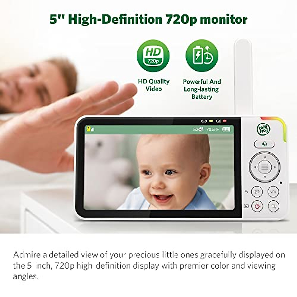 LeapFrog LF915HD Baby Monitor, 5” 720p Screen, 360° Pan & Tilt with 8X Zoom Camera, Color Night Vision, Night Light, Two-Way Intercom, Secure Transmission No WiFi