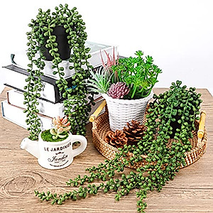FUNARTY 2pcs Faux Plants Indoor — Artificial String of Pearls Plant in Black Pots, Realistic Green Fake Hanging Plants for Shelf Decor Desk Home Garden Decorations