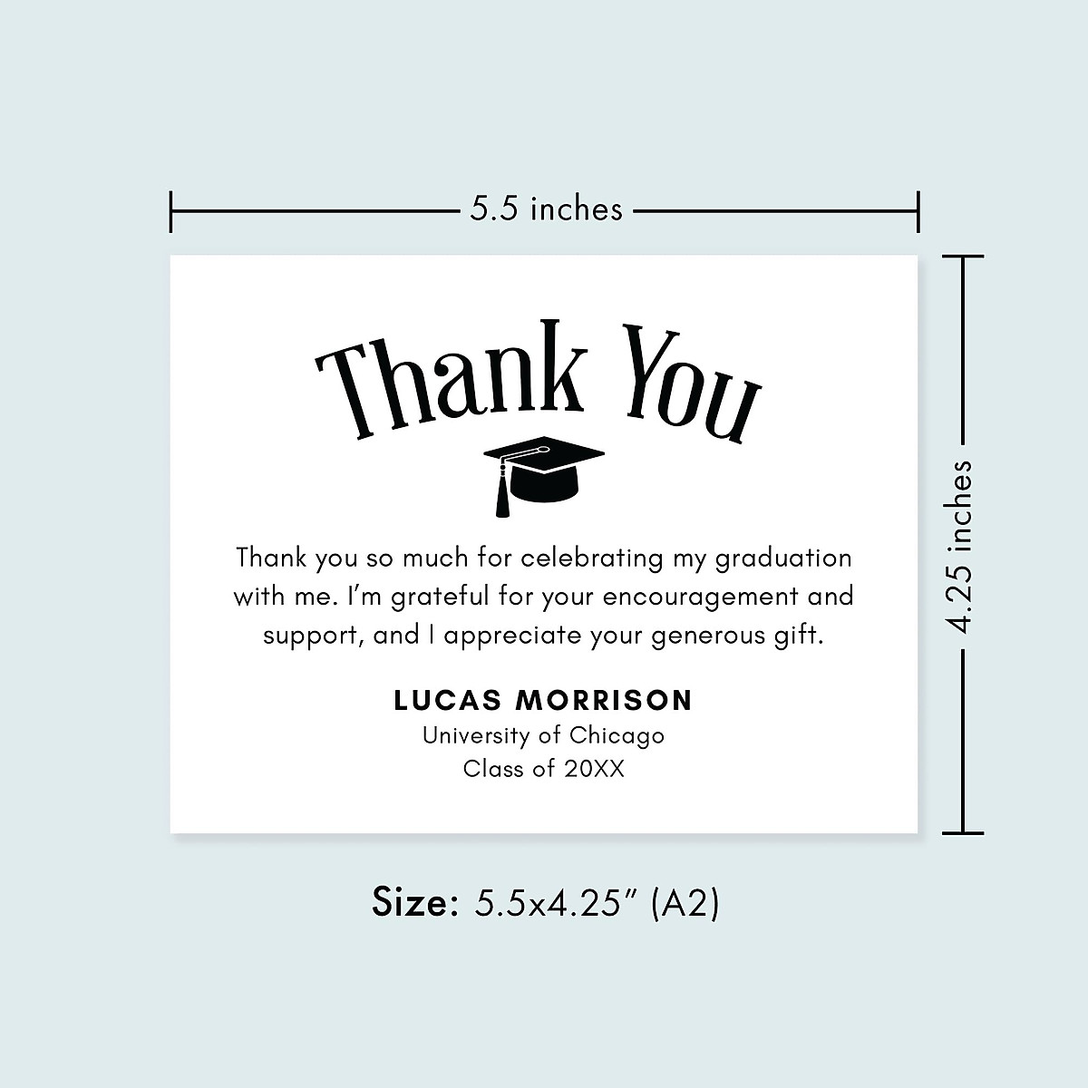 Hello Love Goods Graduation Thank You Cards Personalized with Name and School, 5.5x4.25 Black and White Flat Thank You Note Cards with Envelopes