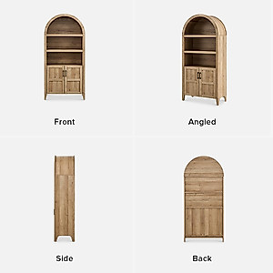 mopio Lauren 65.4" Short Arched Cabinet, 5-Tier Arched Bookcase with Doors and Shelves, Mini Arched Bookshelf with Storage, Kitchen Pantry Cabinet, Wooden Storage Cabinet for Living Room (Oak)