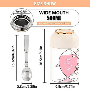 CUPADA Funny Cat Fish Food Jar, Happy Time Summer Insulated Hot Food Jars Vacuum 17OZ with Folding Spoon for Work Trip Picnic Camping