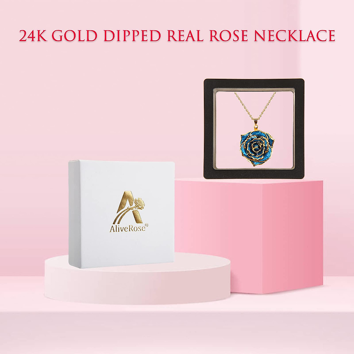 AliveRose Rose Pendant Necklaces Gifts for Women, 24K Gold Dipped Real Rose Dangle Necklace Jewelry - Ideal Gift for Her Wife Mom Anniversaries, Valentines (Blue)