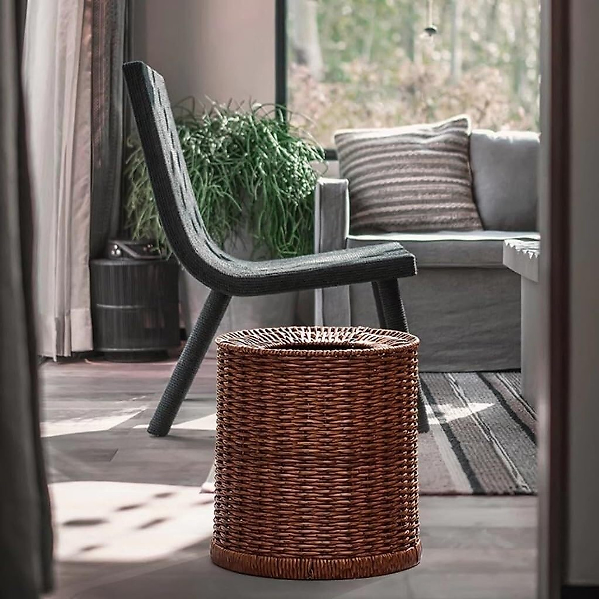 Generic Round Wicker Waste Paper Bin and Basket with Removable Plastic Liner, Drop-in Oval Wicker Waste Basket, Round Organizer Holder for Bathroom, Kitchen, Bedroom, Home, Office (Size : 12L)(8L)
