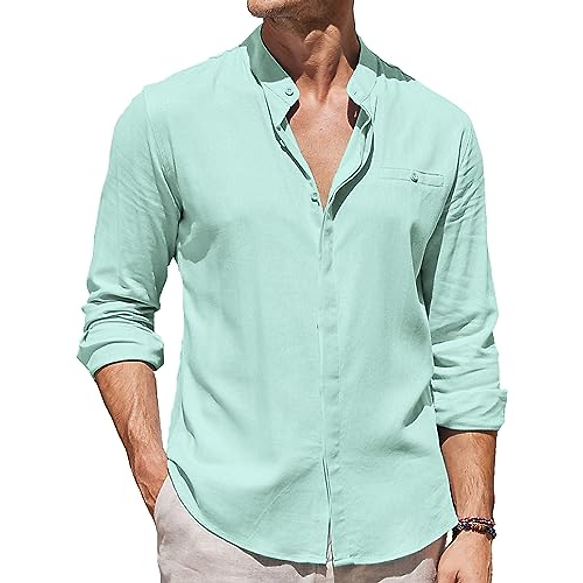 COOFANDY Long Sleeve Band Collar Linen Button Up Shirts for Men Casual Button Down Shirts Light Green