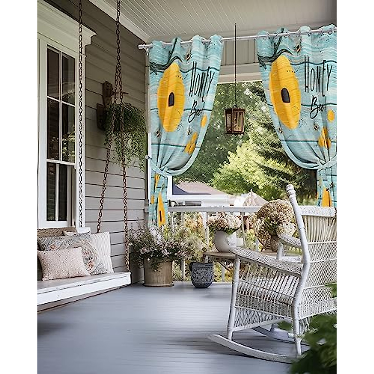 Outdoor Curtains for Patio 2 Panels Set Honey Bee Beehive Under Branch Blue Wooden Plank Waterproof Privacy Outside Curtain Sun Blocking Grommet Drapes for Porch Gazebo Pergolas Balcony 52x108 Inch