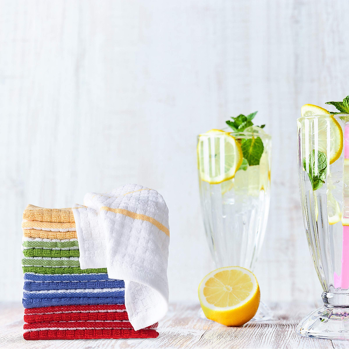 Bedford Home Set of 16 Kitchen Dish 12.5x12.5”-100% Cotton Wash Cloths-Waffle Weave in 4 Colors of Striped & Solids-Dishcloths for Cleaning by Lavish Home, Multiple