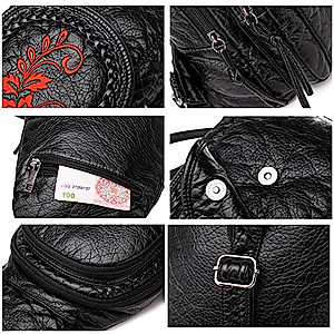 NIGEDU Vintage Embroidered Women Backpacks Soft PU Leather Backpack Purse Small Female Travel Bag High Capacity Black Chest Packs (Red Flower)