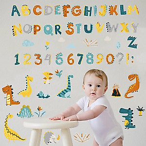 61 Pieces Cute Dinosaur Wall Stickers Enlightenment Education Numbers ABC Alphabet Wall Decals Removable Peel and Stick Nursery Wall Poster Mural for Kids Classroom Bedroom Playroom Living Room Decor
