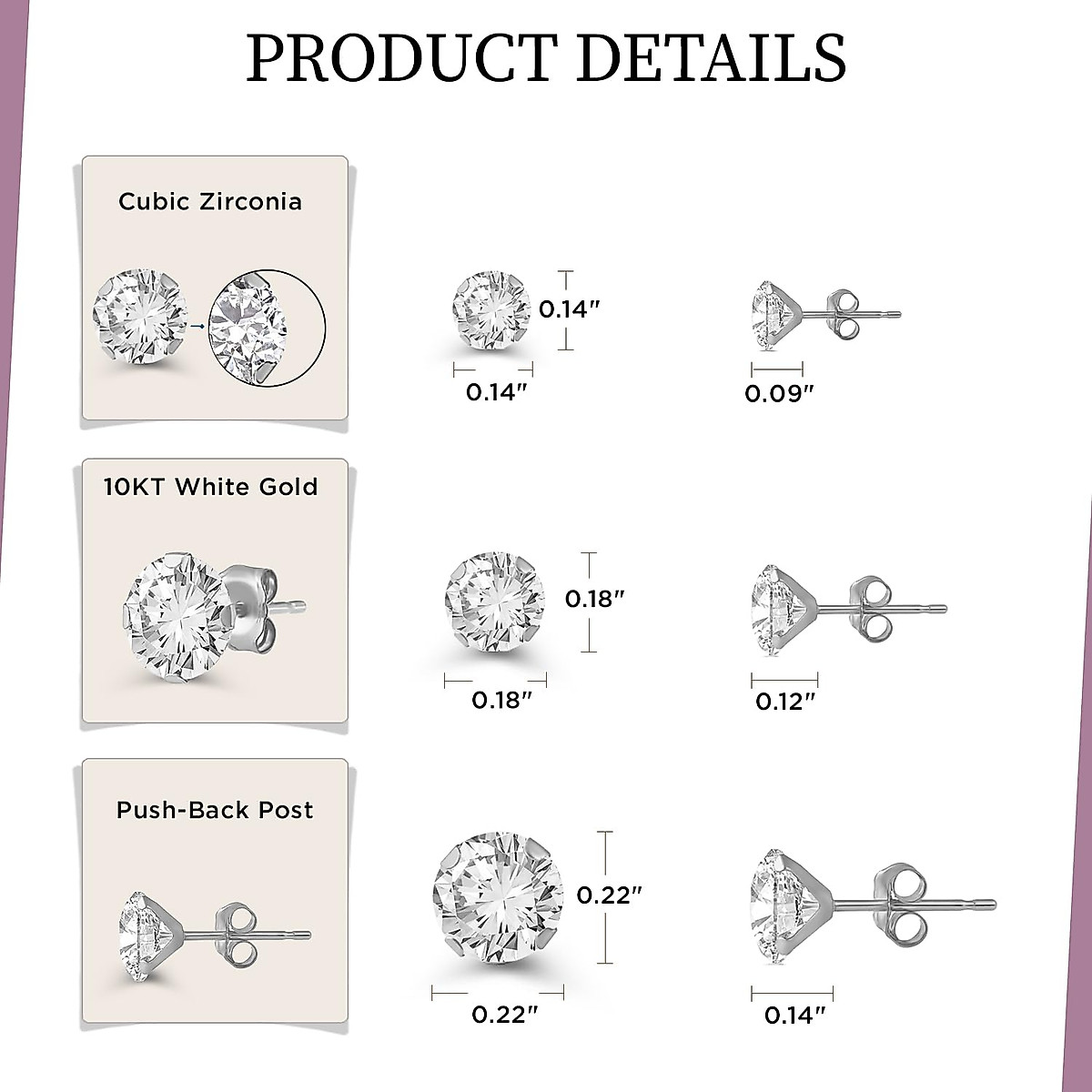 Jewelili 10k White Gold with 4mm, 5mm and 6mm White Round Cubic Zirconia Stud Earrings, 3 Pairs