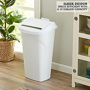 United Solutions 10 Gal/40 Qt All-in-One Wastebasket, 2-Pack, Slim Trash Can with Integrated Dustpan Swing Lid and Brush, Great for Kitchen, Office, and Bathroom, White