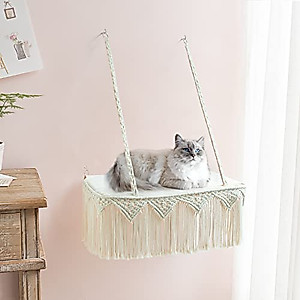 Dahey Macrame Cat Window Perch Boho Cat Hammock Wall Mounted Pet Resting Seat Bed for Indoor Cats Safety Space Saving Kitty Swing Shelf with Tassel Holds up to 45 lbs with Screw Suction Cups, Gift