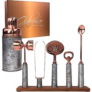 Galrose Dezigns Cocktail Shaker Set - 6 Bar Tools Bar Accessories Rustic Galvanized Iron Bar Set Rose Gold Trim - Mixology Bartender Kit with Stand. Unique Gift for 6th Iron Anniversary for Couple