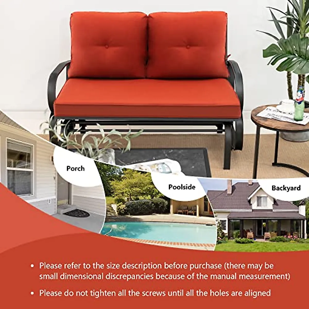 Giantex 2 Seats Glider Bench for Outside, Patio Glider Porch Loveseat w/Cushions & Powder Coated Steel Frame, Double-Seat Outdoor Glider for Patio, Garden, Backyard (Red)