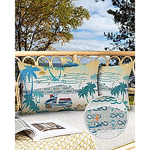 Edwiinsa Outdoor Pillow Covers Waterproof, Coconut Tree All Weather Cushion Case Set of 2, Summer Teal Moire Yellow Ombre Sunset Lumbar Pillowcase for Sofa Couch Bed Decor Patio Furniture 20"x12"