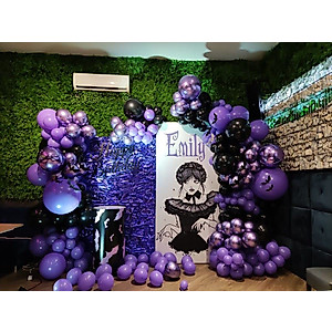 133pcs Wednesday Balloon Garland Arch Kit Black and Chrome Purple Balloons for Wednesday Themed Party Supplies Birthday Party Decoration (no backdrop)