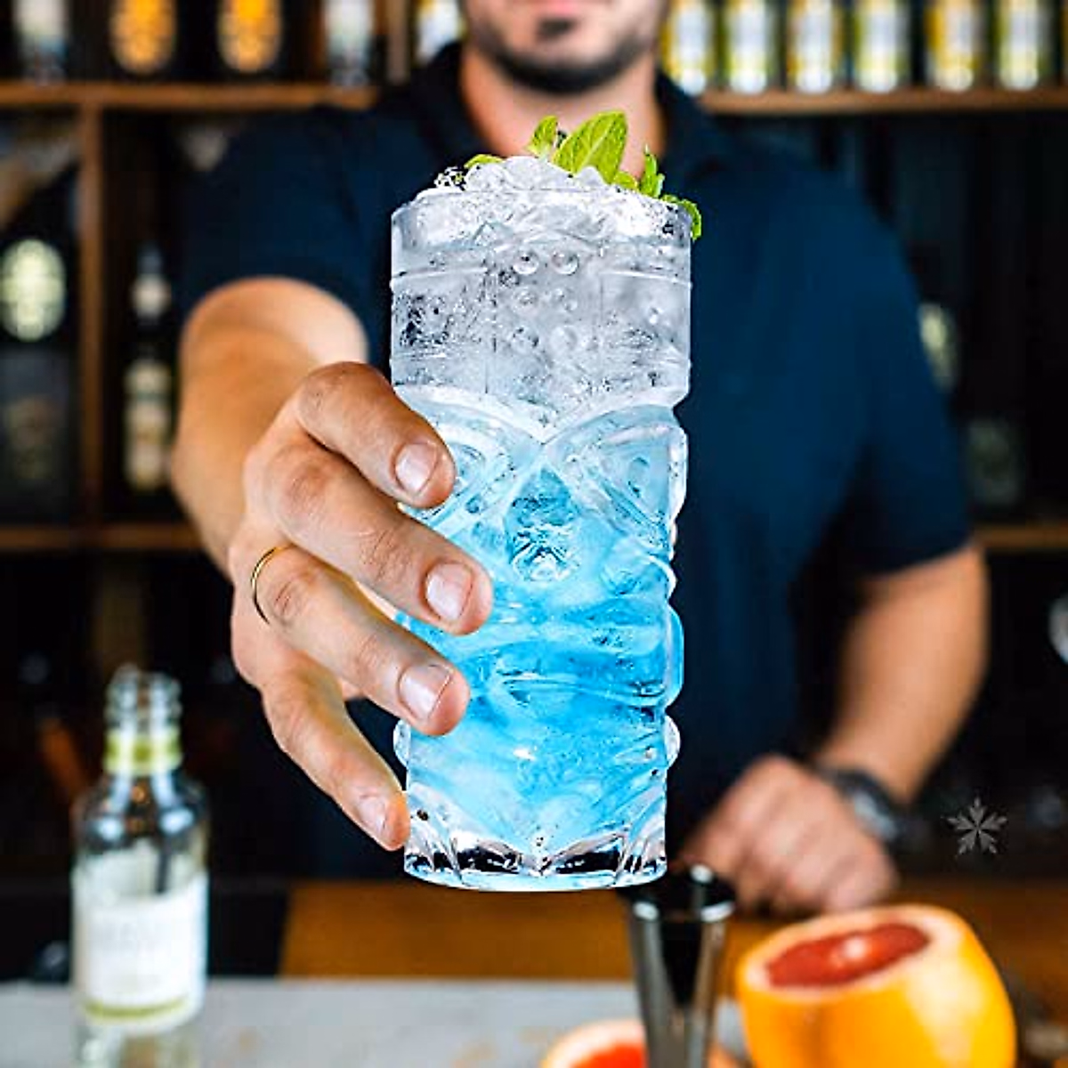 INFTYLE Clear Tiki Glasses Set of 6-14 oz Modern Bar Tiki Cocktail Glasses Perfect for Exotic Cocktails,Mai Tai, Hawaiian Style Cocktails, Tropical Island Drinksware Set