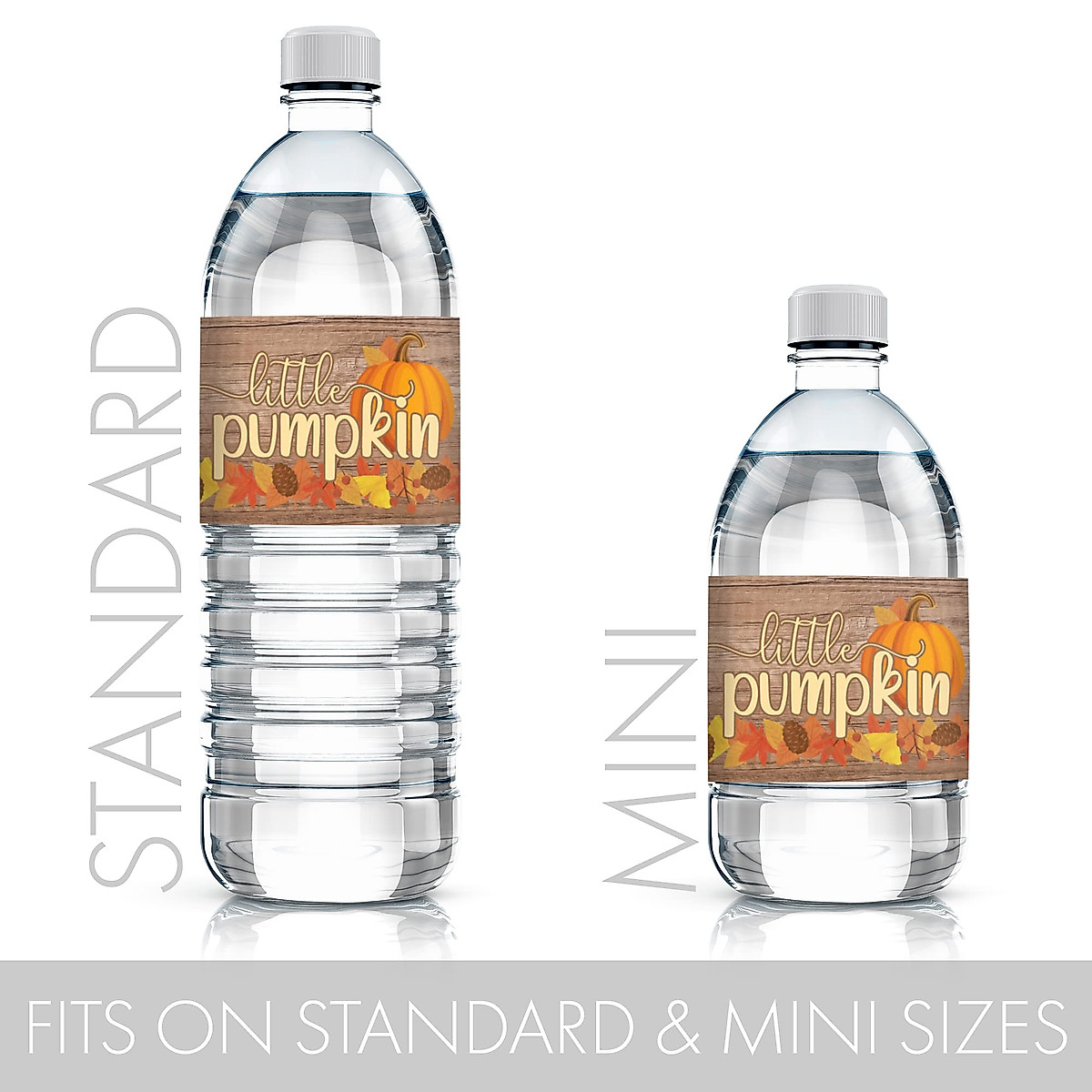 Rustic Fall Little Pumpkin Baby Shower Water Bottle Labels - Autumn Unisex Themed Waterproof Bottle Wrappers - 24 Count