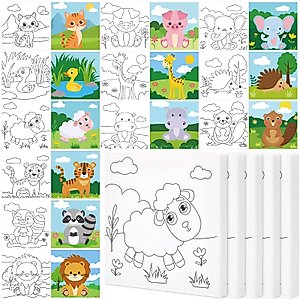 Teling 12 Pcs Pre Drawn Stretched Canvas Kit 6 x 6 x 0.6 Inches Pre Drawn Canvas for Painting for Adults Pre Printed Canvas Outline Canvas for Adult Kids DIY Painting (Animal)