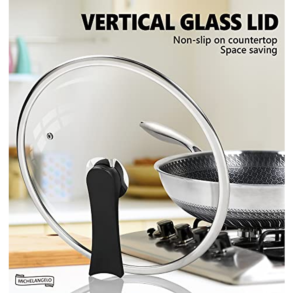 MICHELANGELO Wok Pan with Lid, 12 Inch Stainless Steel Wok Set with Spider Strainer and Steaming Rack, Honeycomb Woks & Stir-fry Pans Flat Bottom Wok Induction Compatible, Dishwasher and Oven Safe