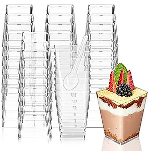 TOFLEN 50ct 5 oz Mini Dessert Cups with Spoons, Clear Plastic Square Dessert Shooters Reusable Party Serving Tumbler Cups for Parfait Appetizer & Dessert Shot Glasses