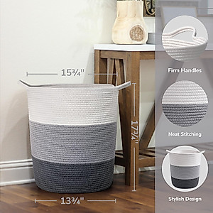 INDRESSME 17¾ x 15¾ x 13¾ inches Grey Baby Laundry Basket Thread Cotton Rope Basket Toy Storage Basket Organizer Tall Woven Basket Blanket Storage Baby Laundry Nursery Hamper for Living Room Toy Gifts