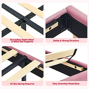 IDEALHOUSE Twin Bed Frames, Upholstered Platform Bed Frame with Bookcase Headboard, Velvet Platform Bed Mattress Foundation, Heavy Duty Steel Support Legs, Easy Assembly, Noise Free, Dark Pink