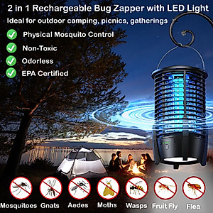 Rechargeable Cordless Bug Zapper Outdoor, Mosquito Zapper Rechargeable, Battery Bug Zapper with LED Light/3600mAh Battery, Bug Zapper Light, Portable Fly Zapper for Camping Patio Backyard Garden