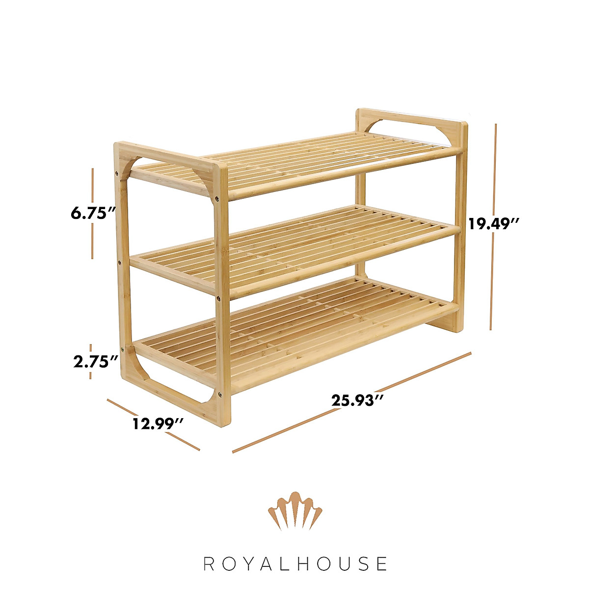 RoyalHouse Bamboo Stackable Shoe Rack, 3-Tier Shoe Organizer, Perfect Free Standing Shoe Rack for Living Room, Closet, Entryway, Bedroom