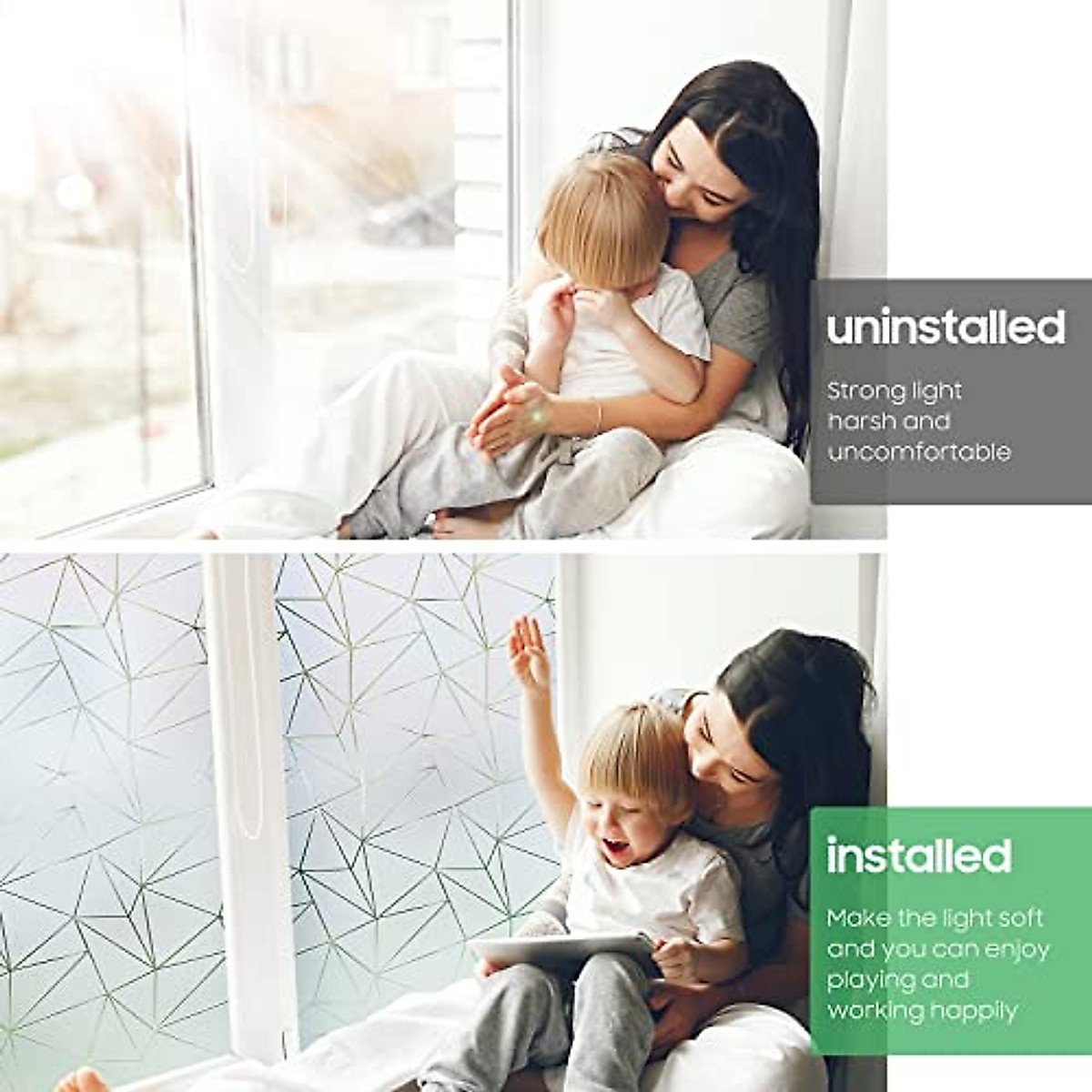 Viseeko Window Privacy Film Decorative Static Clings Sun UV Blocking Non-Adhesive Removable Glass Door Sticker for Home Office 11.8 x 78.7 inches Frosted Triangle