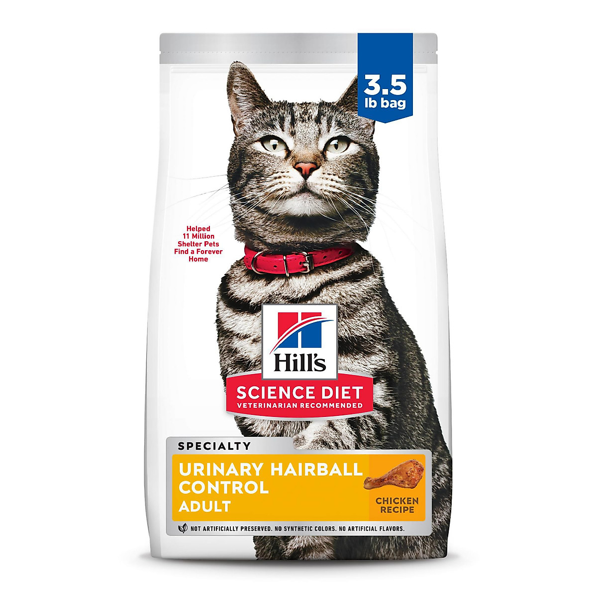 Hill's Science Diet Urinary Hairball Control, Adult 1-6, Urinary Track Health & Hairball Control Support, Dry Cat Food, Chicken Recipe, 3.5 lb Bag