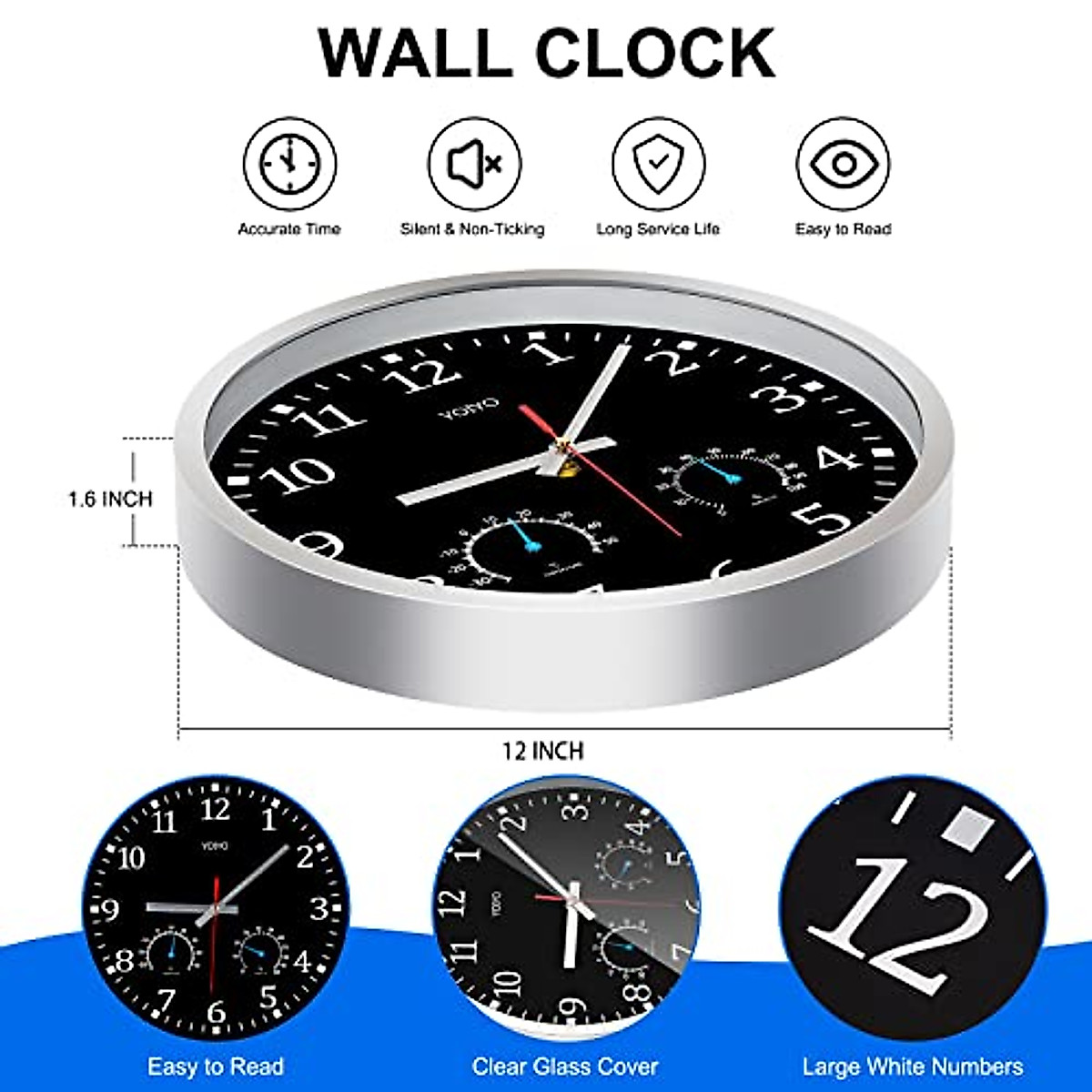YIOYULEN Wall Clock, Clocks for Wall with Temperature Humidity, 12 Inch Wall Clock Non Ticking Battery Operated Decorative for Home Bathroom Kitchen Office (Silver)