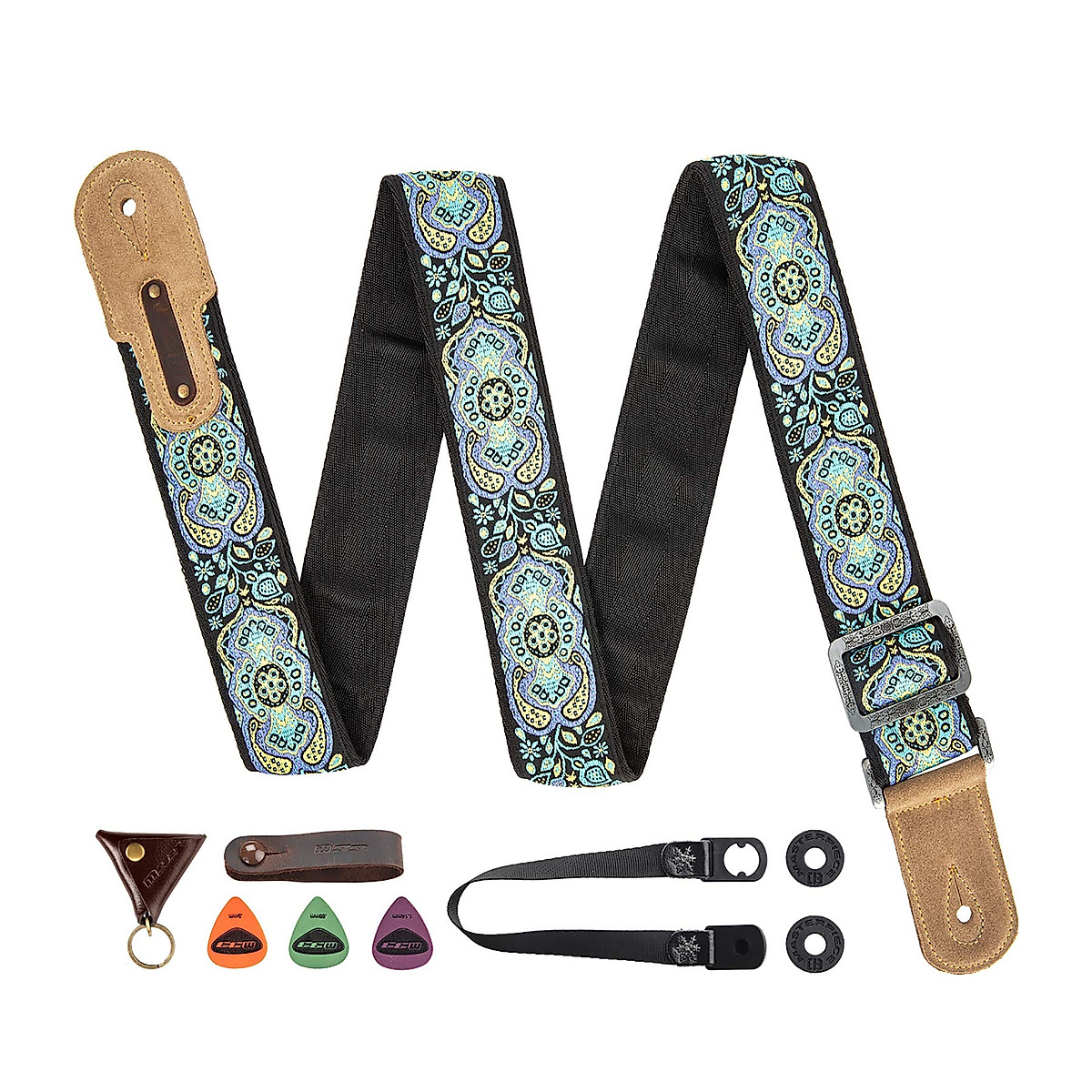 M33 Guitar Strap Vintage Woven Collection Strap Set For Acoustic, Bass and Electric Guitars Includes Strap Button + Locks +Picks. Awesome Christmas Gift for Men & Women Guitarists