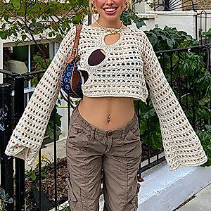 Women Hollow Out Crochet Knit Crop Tops Color Block Long Sleeve Square Neck Fall Sweaters Tops