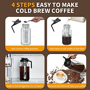 PIZVOXCold Brew Coffee Maker Pitcher, 32 oz Thick Glass Mason Jar Spout Lid with Handle & Stainless Steel Filter for Iced Brew Coffee, Ice Lemonade, Sun Tea, Fruit Drinks Container